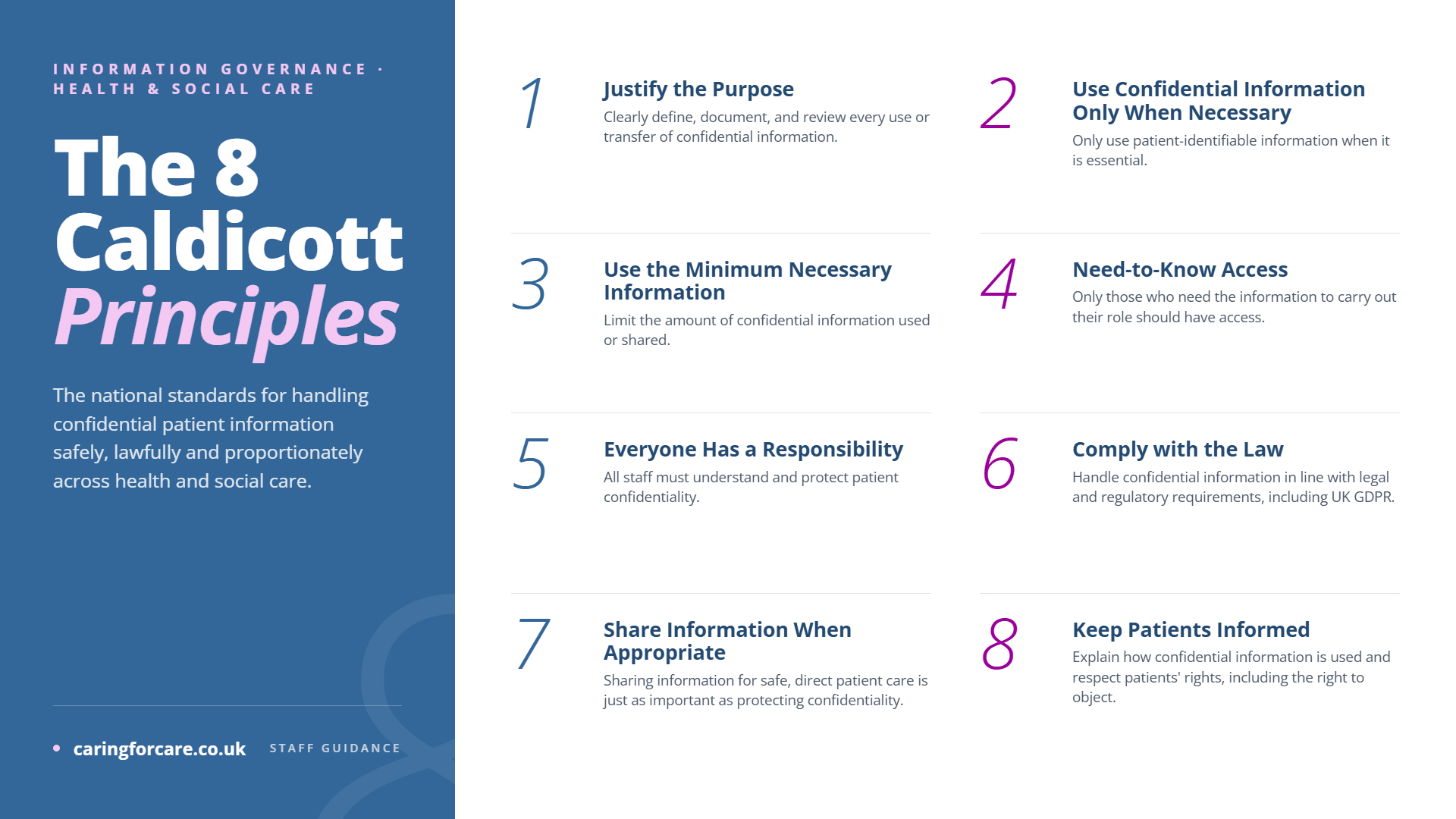Eight Caldicott Principles for Data Protection | Caring For Care